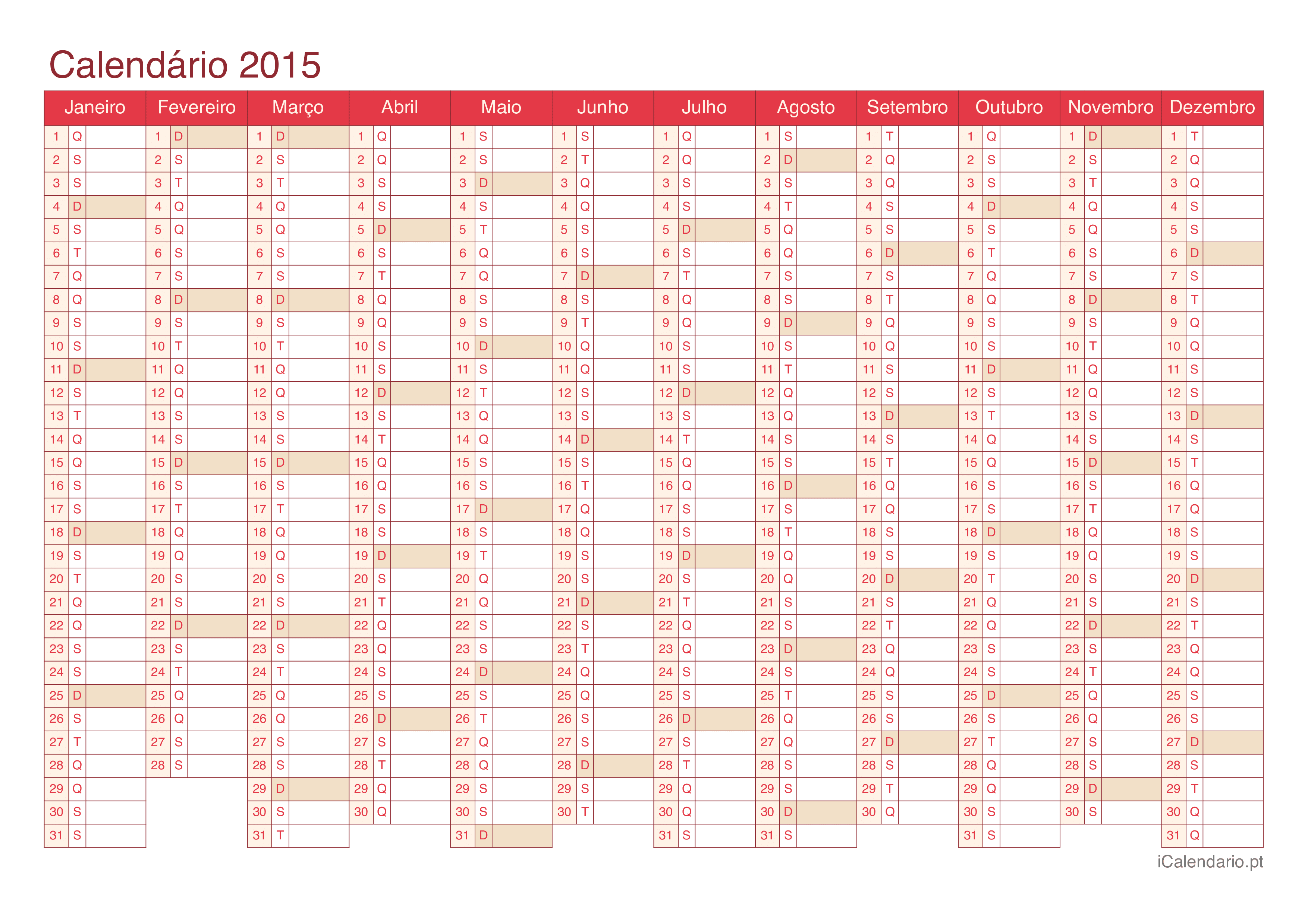 Calendário 2015 para imprimir PDF e Excel