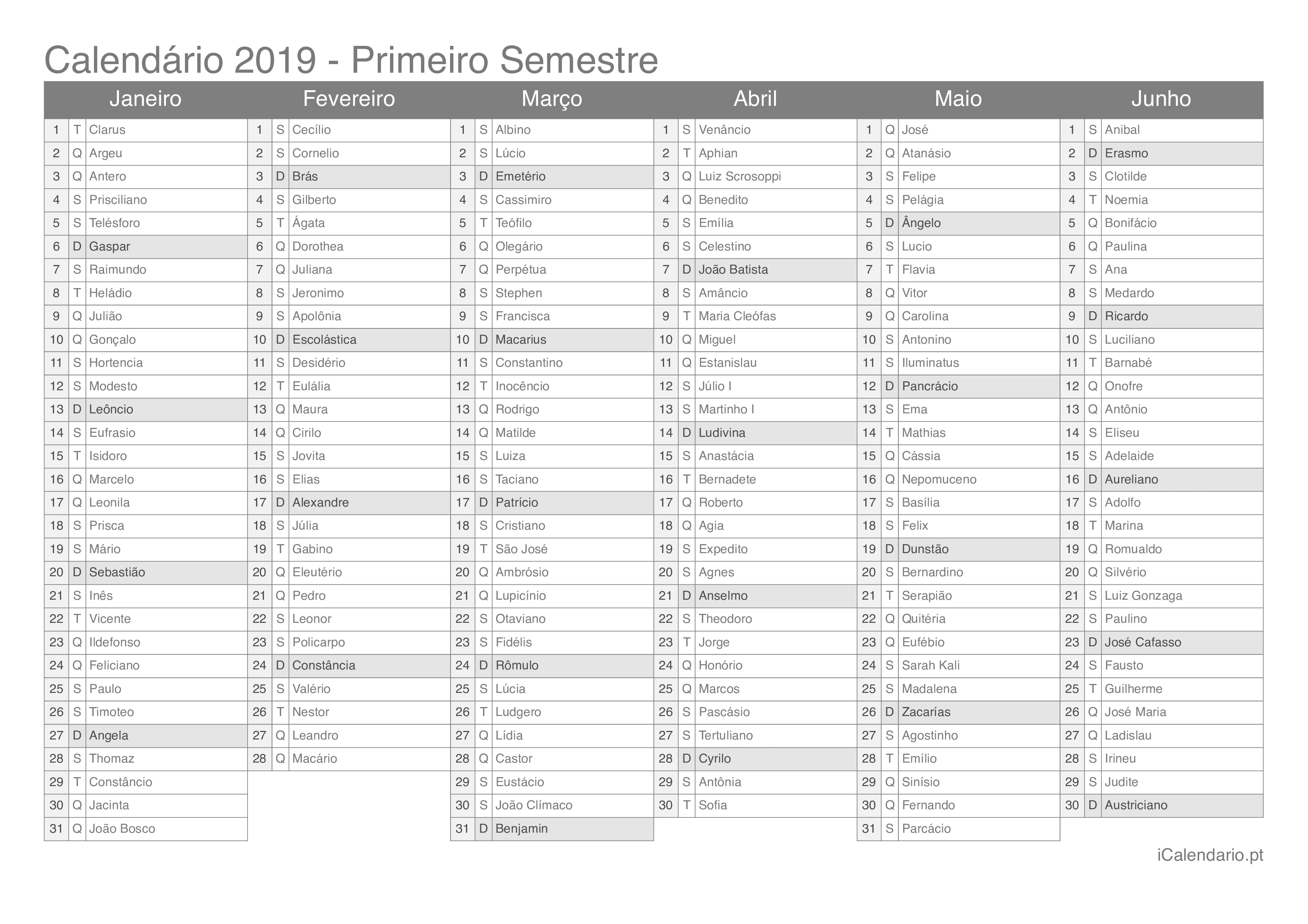 Calendário 2019 para imprimir PDF e Excel