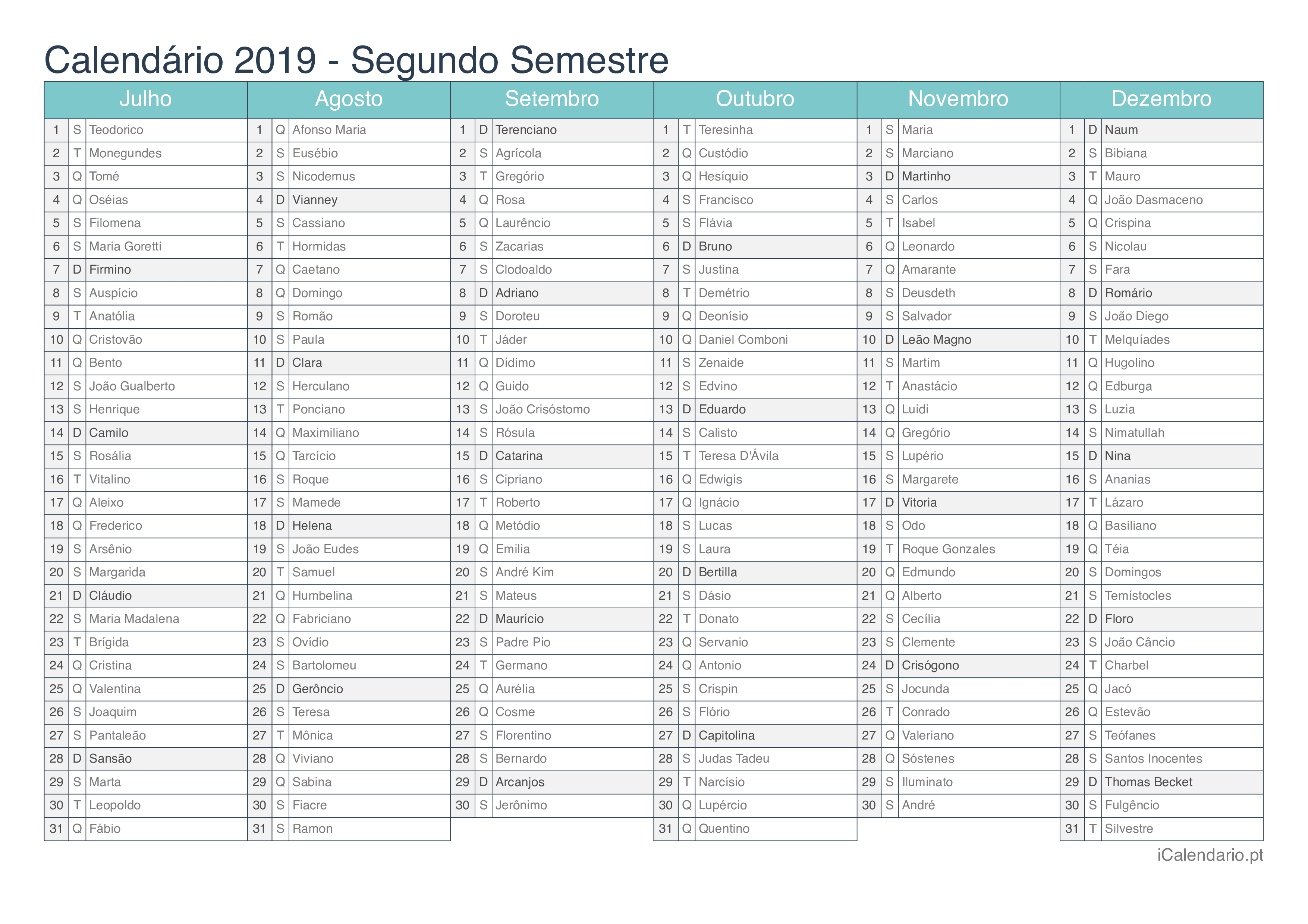 Calendário 2019 para imprimir PDF e Excel