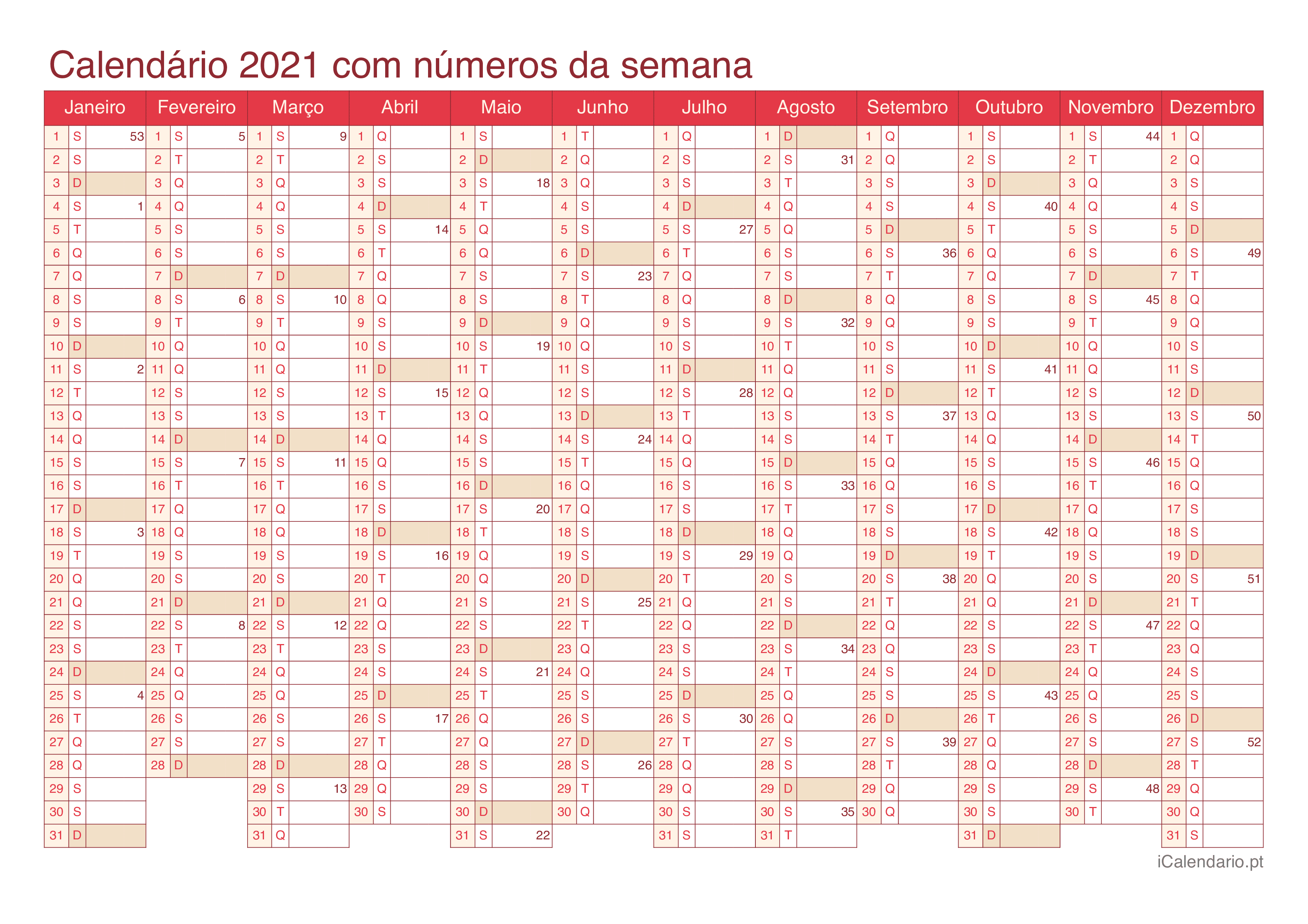 Calendário 2021 para imprimir PDF e Excel