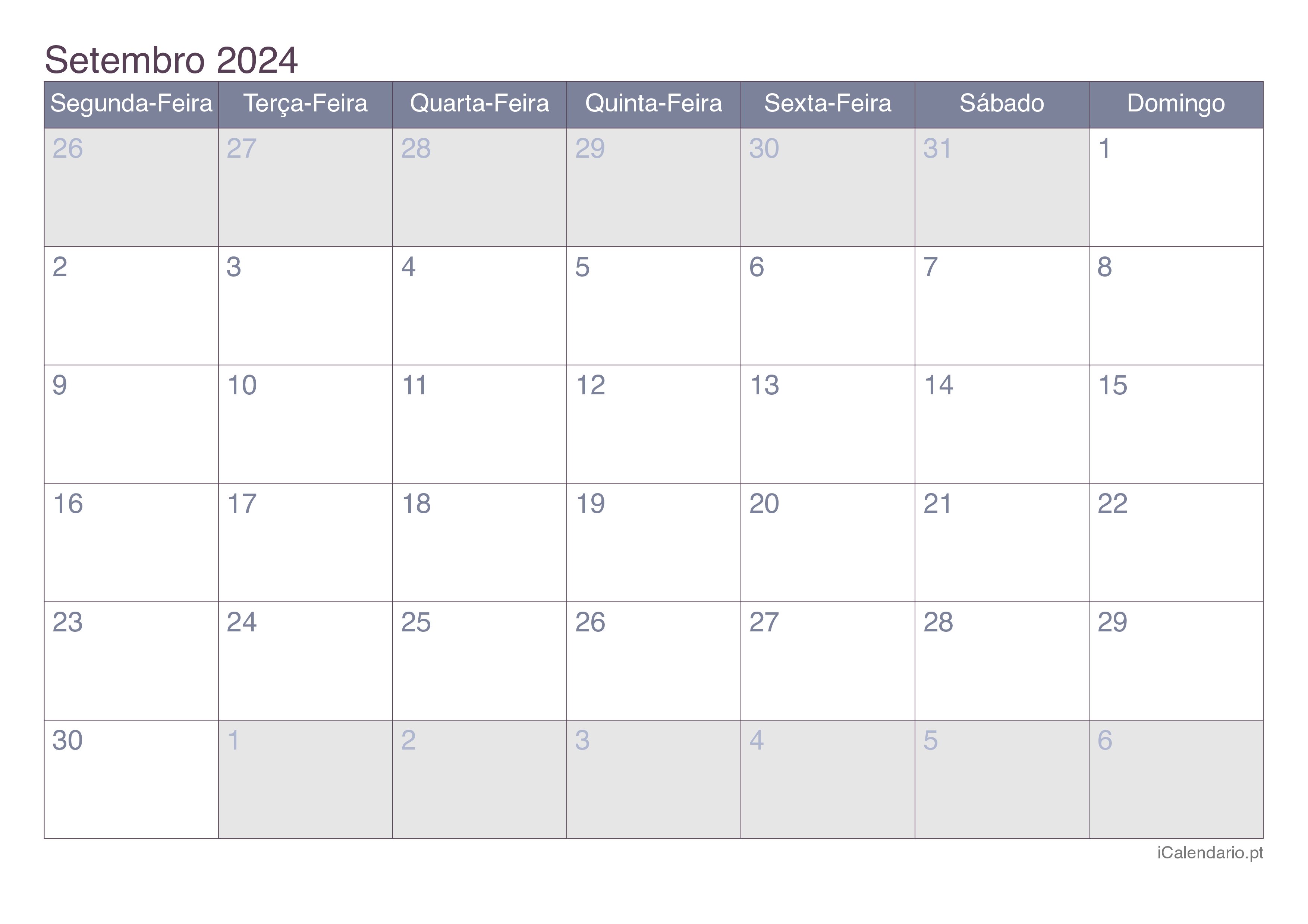 Calendário setembro 2024 para imprimir - iCalendário.pt Calendário setembro 2024 para imprimir - iCalendário.pt